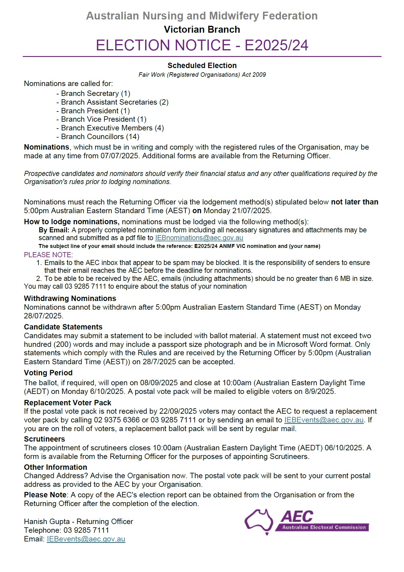 ANMF (Vic Branch) AEC election notice – On the Record